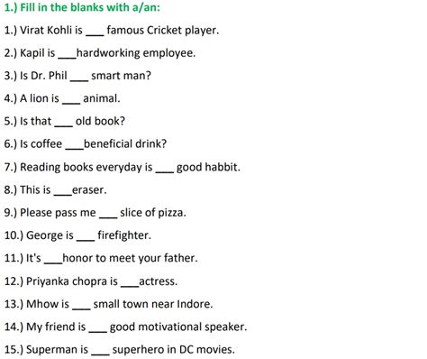 Articles Class 5 Worksheet Fill In The Blanks With Aan Fill In The