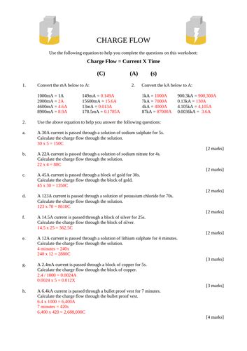 Gcse Physics Charge Flow Calculation Worksheet With Answers Teaching Resources