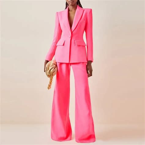 Pant Set Womens Business Suits Hot Pink Blazer And Flared Pants Elegant