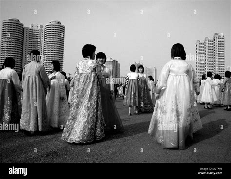 North Korean Young Adults During A Mass Dance Performance In Front Of