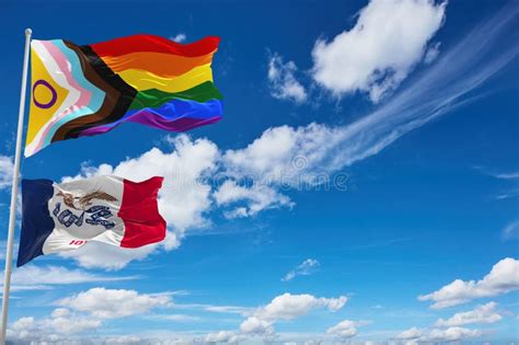 Large Lgbtq Progress Pride With Intersex Inclusion Flag And Flag Of Iowa State Usa Freedom And