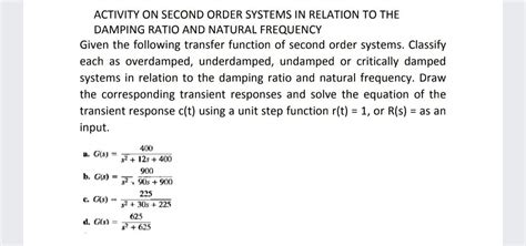 Solved Activity On Second Order Systems In Relation To The