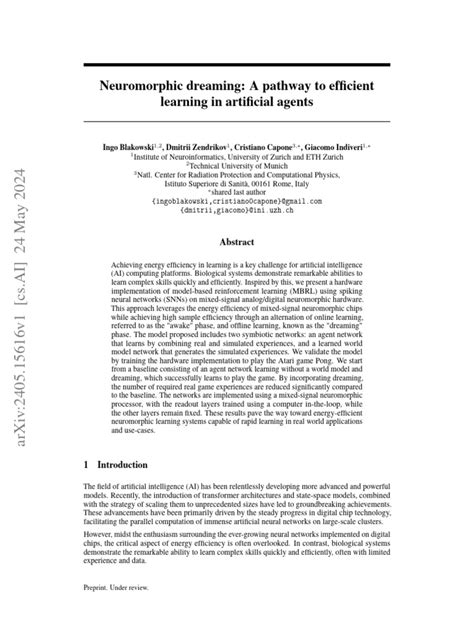 Neuromorphic Dreaming A Pathway To Efficient Learning In Artificial Agents Pdf Artificial