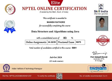 Manish Rathore On Linkedin Achievement Nptel Datastructures Algorithms Java Topperformer