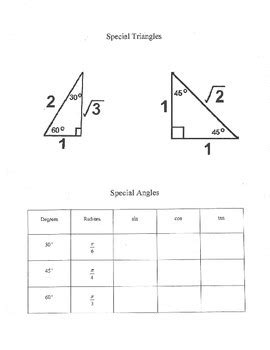 Special Triangles Review Graphic Organizer Table Sin Cos Tan Degrees