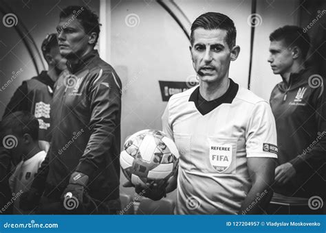 Lviv Ukraine August 10 2018 Referee Anastasios Sidiropoulos With Ball During Uefa Nations