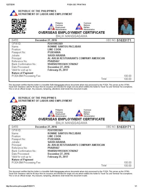Poea Oec Printing Pdf Passport International Law