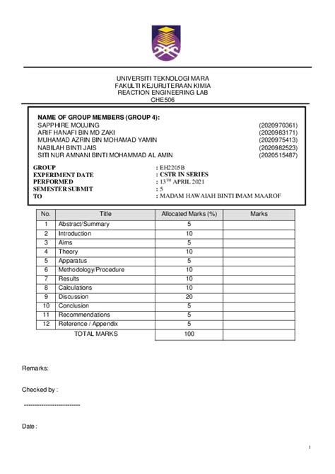 Pdf Che506 Reaction Engineering Laboratory Cstr In Series