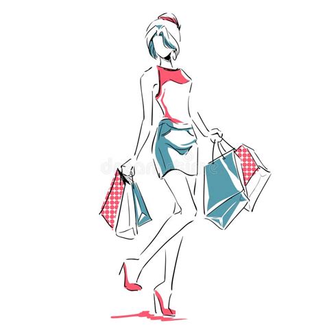 Girl With Shopping Bags Drawing