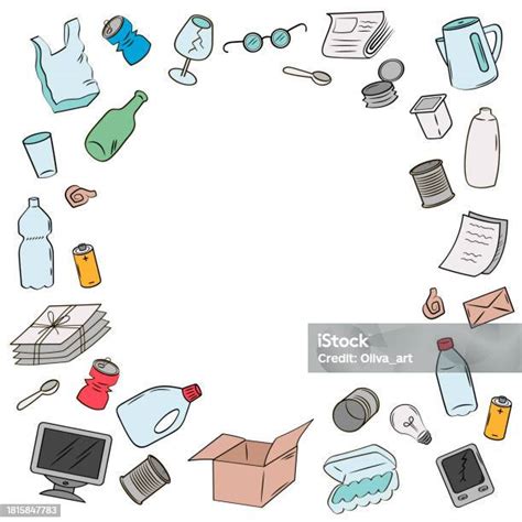 쓰레기 분리수거 및 재활용 흰색 배경에 텍스트를 위한 정사각형 프레임 구성입니다 폐기물 분리 색 벡터입니다 개념에 대한 스톡 벡터 아트 및 기타 이미지 Istock