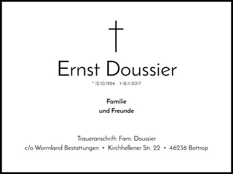 Traueranzeigen Von Ernst Doussier Trauer In Nrw De