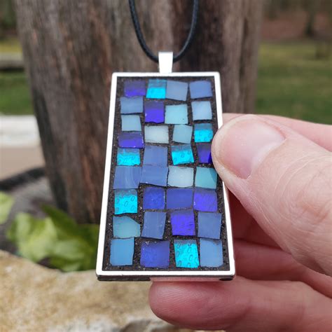 Blue Checkerboard Mosaic Pendant Necklace Handcrafted Wearable Mosaic
