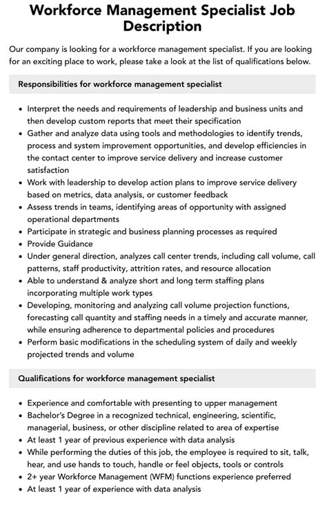 Workforce Management Specialist Job Description Velvet Jobs