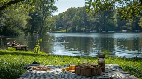 Premium Photo A Serene Lakeside Picnic With Families Background