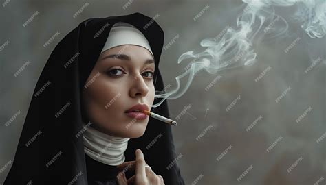 Woman In Nun Habit Smoking Cigarette On Grey Background Premium Ai