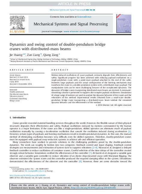 Pdf Dynamics And Swing Control Of Double Pendulum Bridge Cranes With Distributed Mass Beams