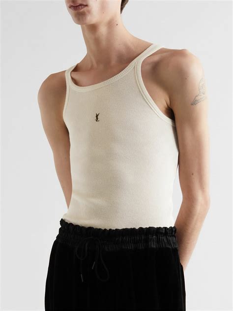 Saint Laurent Slim Fit Logo Embroidered Ribbed Cotton Jersey Tank Top