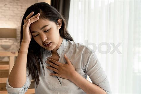 Portrait Of S Babe Asian Woman Having Difficulty Breathing In Bedroom At Night Shortness Of