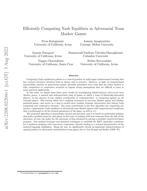 Pdf Efficiently Computing Nash Equilibria In Adversarial Team Markov Games