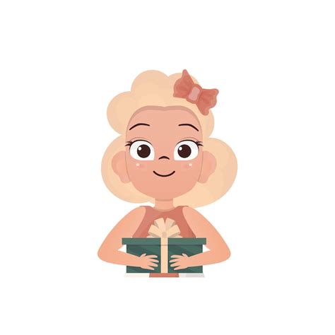 Chica Satisfecha Sosteniendo Un Regalo Dibujo En Un Estilo Plano Vector Vector Premium