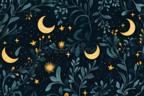 Night Sky Pattern With Moons Stars And Floral Motifs Stock