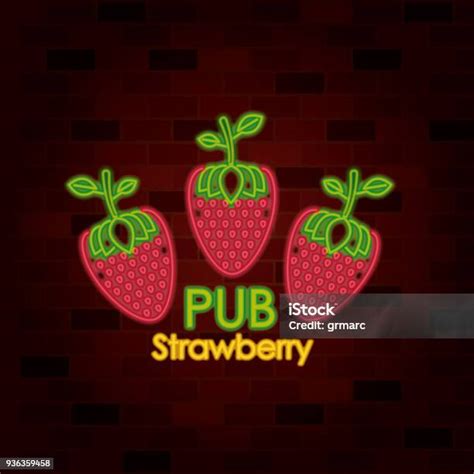 Stroberi Pub Pada Tanda Neon Di Dinding Bata Ilustrasi Stok Unduh