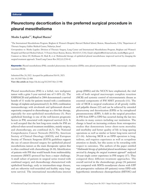 Pdf Pleurectomy Decortication Is The Preferred Surgical Procedure In Pleural Mesothelioma