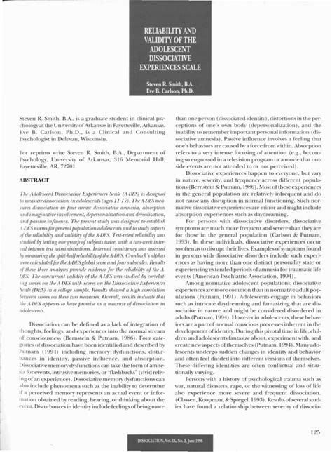 Pdf Reliability And Validity Of The Adolescent Dissociative