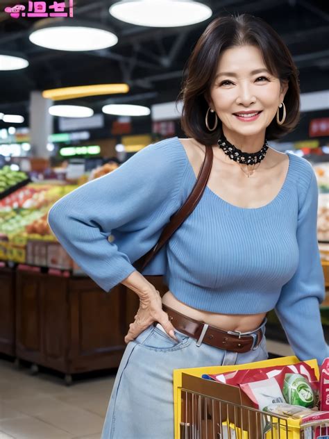 Woman In Blue Top And Jeans Holding A Shopping Cart In A Grocery Store Seaart Ai