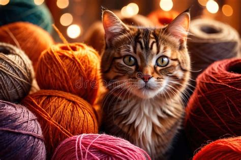 Kitty Standing In Huge Pile Of Yarn String Stock Illustration