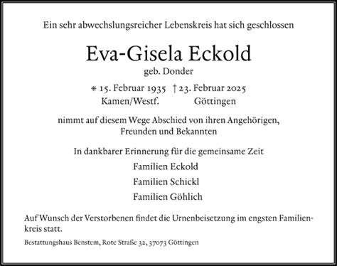 Traueranzeigen Von Eva Gisela Eckold Trauer Anzeigen De