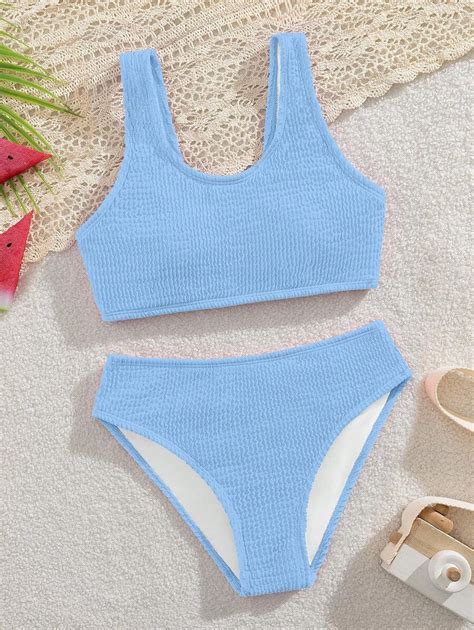 Shein Tween Girls Modest Bikini Set Fashionable Wave Textured Knit