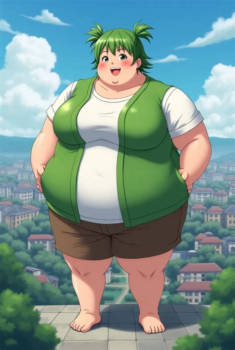 Anime Fat Giantess Wearing A Green Vest And Puffy White Undershirt