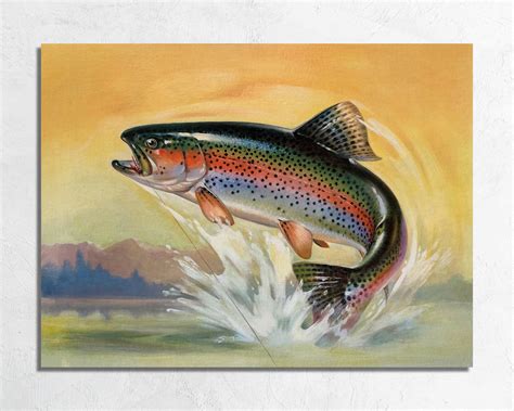 Vintage Rainbow Trout Fly Fishing Painting Outdoorsman Wall Art