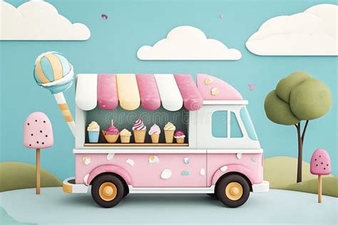 Cute Cartoon Ice Cream Truck With Popsicles Stock Illustration