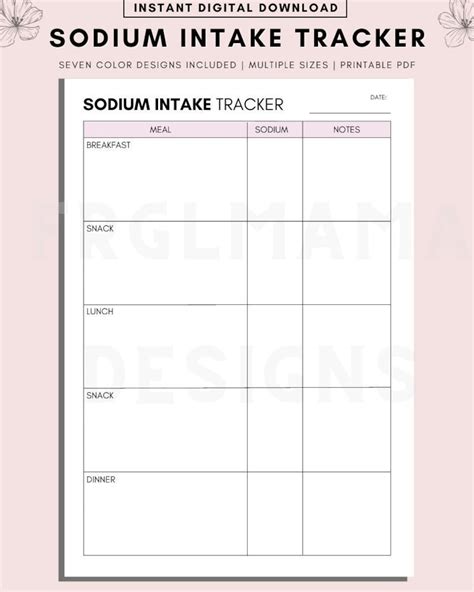 Printable Daily Sodium Intake Tracker Sodium Intake Log Daily Food