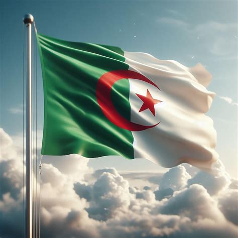 Premium Photo Realistic Algeria Flag On Flag Pole Waving In The Wind Against White Clouds