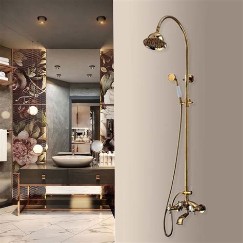 Wall Mount Gold Finish Shower Head Set Brass Faucet Handheld Shower