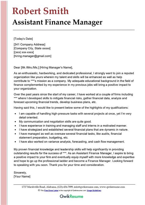 Assistant Finance Manager Cover Letter Examples Qwikresume