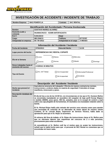 Informe De Accidente Laboral En Skc Rental Pdf