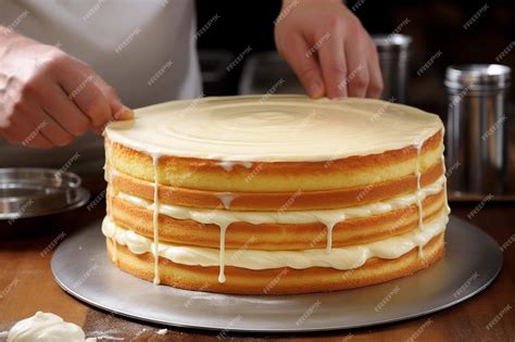 Premium Photo Vanilla Cake With Layers Of Vanilla Custard Being Assembled