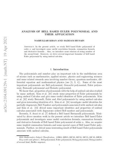 Pdf Analysis Of Bell Based Euler Polynomials And Thier Application