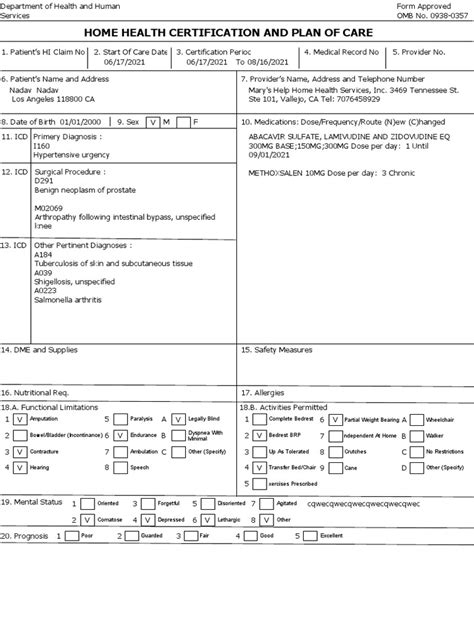 Home Health Certification And Plan Of Care Pdf Social Security
