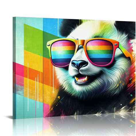 Bciig Cute Panda Canvas Wall Art Colorful Panda With Glasses Picture