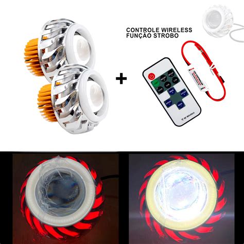 Par Farol Projetor Angel Eyes Vermelho E Branco Led H7 H11 Hb4 Hb3 Universal Controle Strobo