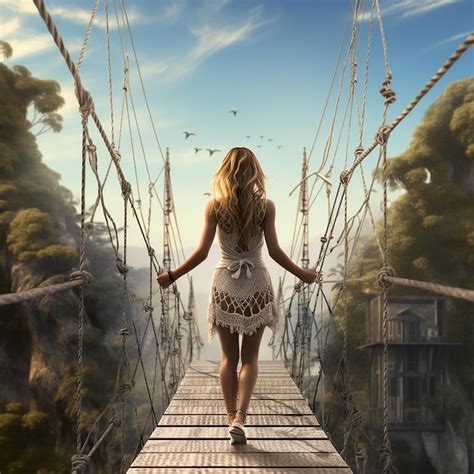 Premium Photo 3d Rendered Boho Girl Walking At A Suspension Bridge
