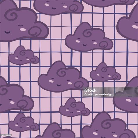 Ungu Awan Langit Pola Mulus Pada Garisgaris Doodle Karakter Tidur Wallpaper Mendung Ilustrasi