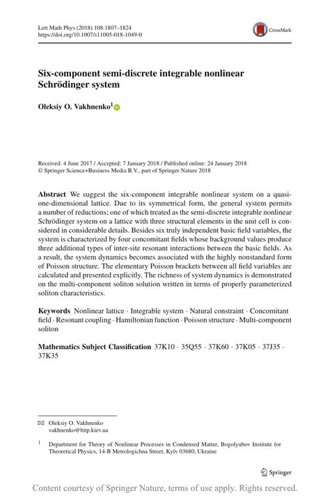 Six Component Semi Discrete Integrable Nonlinear Schrödinger System Request Pdf