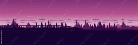 Sunset With Train Silhouette In Forest Landscape Flat Design Vector