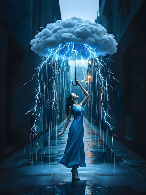 Woman Holding Surreal Raining Lightning Storm Cloud Umbrella